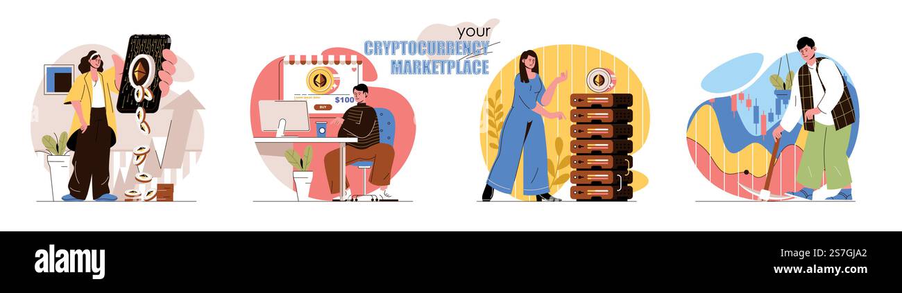 Cryptocurrency marketplace concept scenes set. Bitcoin mining, digital money, blockchain ...
