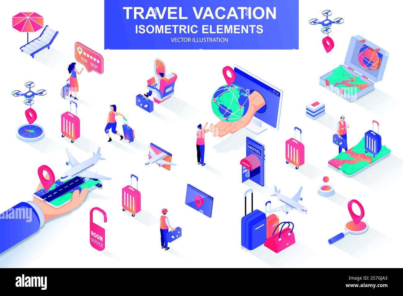 Travel vacation bundle of isometric elements. Flight booking, airplane ...