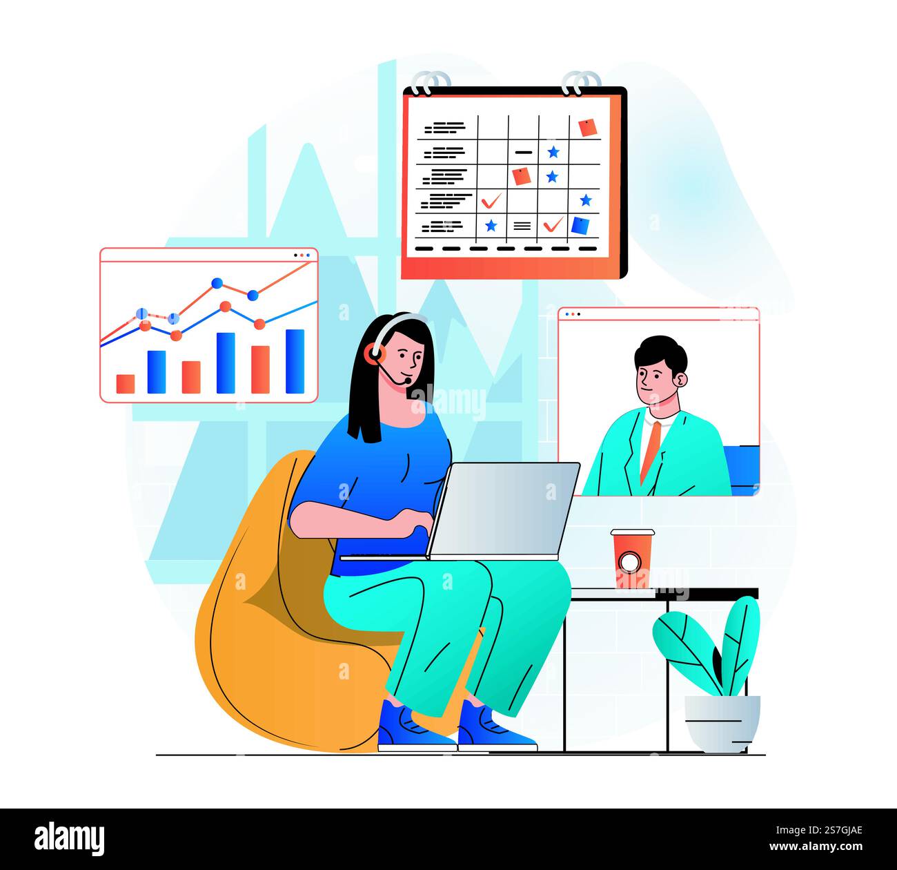 Freelance working concept in modern flat design. Woman discusses tasks ...