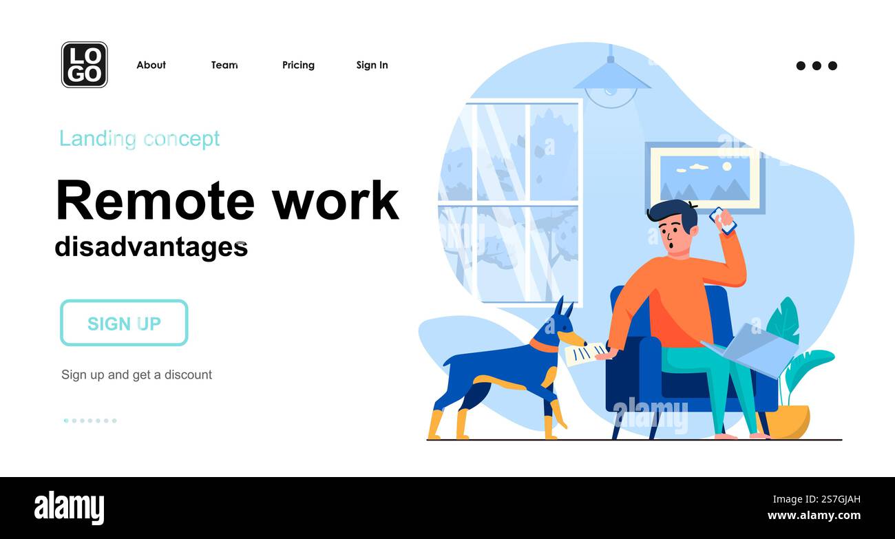 Remote work disadvantages web concept. Freelancer working on laptop ...