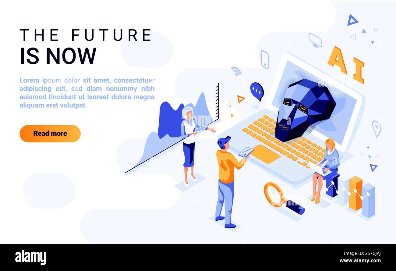 Future is now landing page vector template with isometric illustration ...