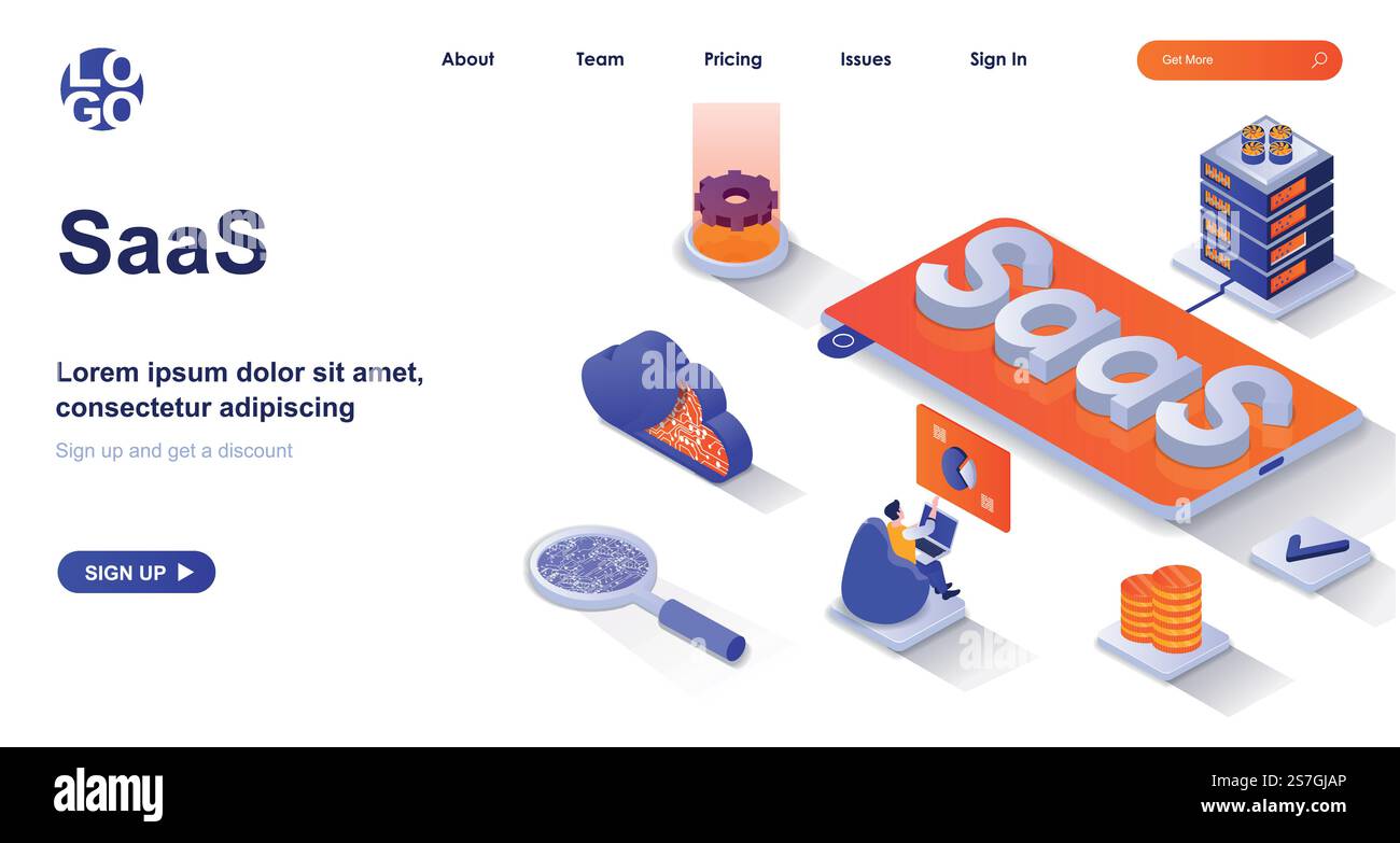SaaS isometric landing page. Cloud technologies, customer subscription business model isometry ...