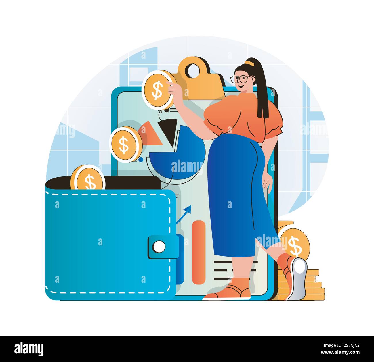 Planning financial budget concept in modern flat design. woman analyzes ...