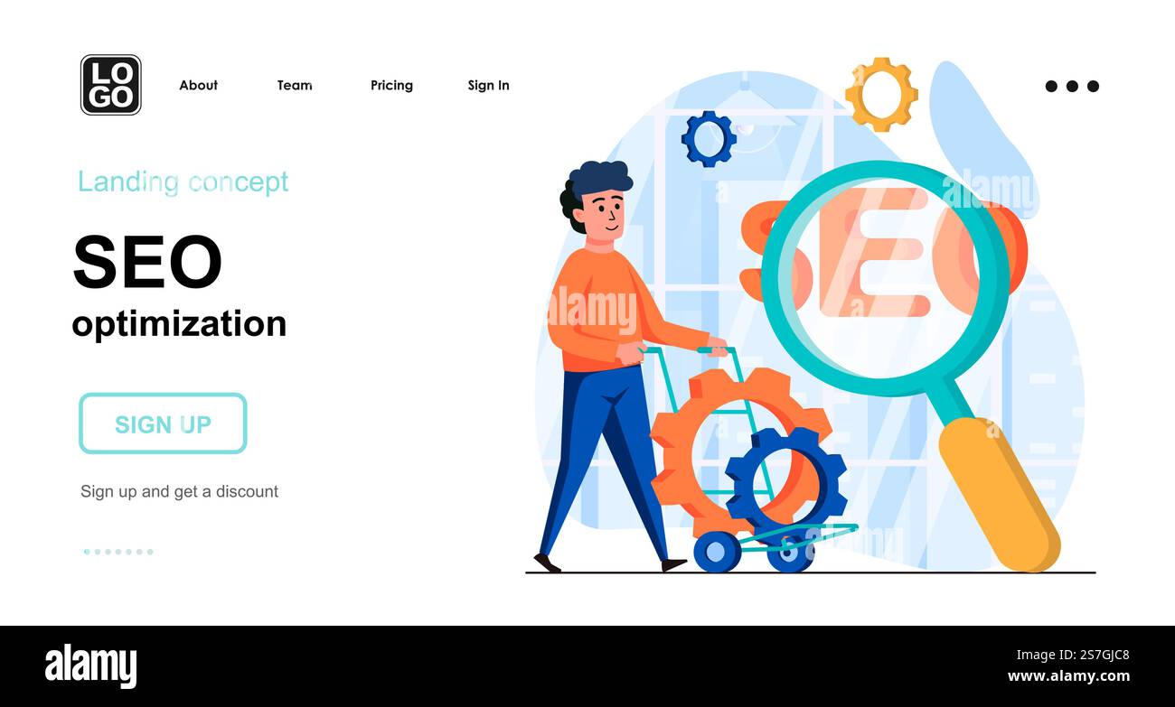 Seo optimization web concept. Man setting up search engine, online ...