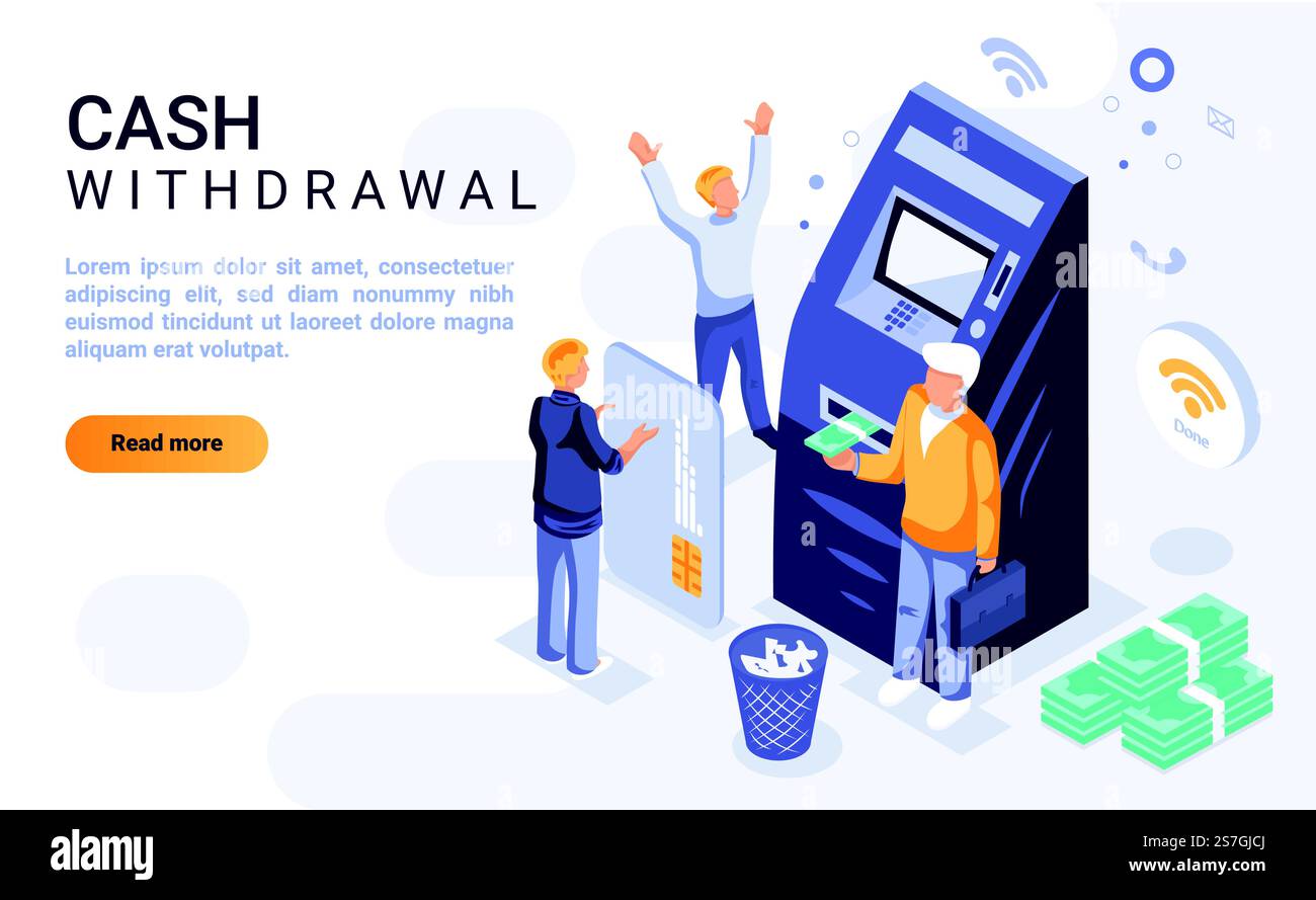 Cash withdrawal landing page vector template with isometric ...