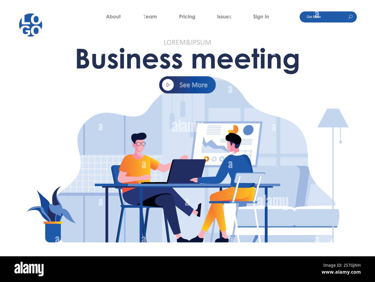 Business meeting flat landing page design. Employees discussing project ...