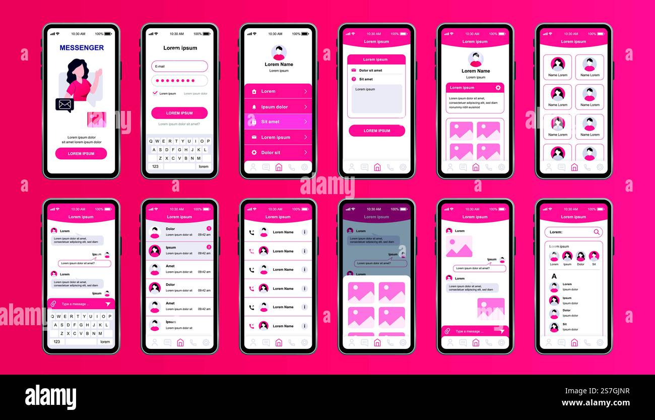 Online messenger unique design kit for app. Social network screens with ...