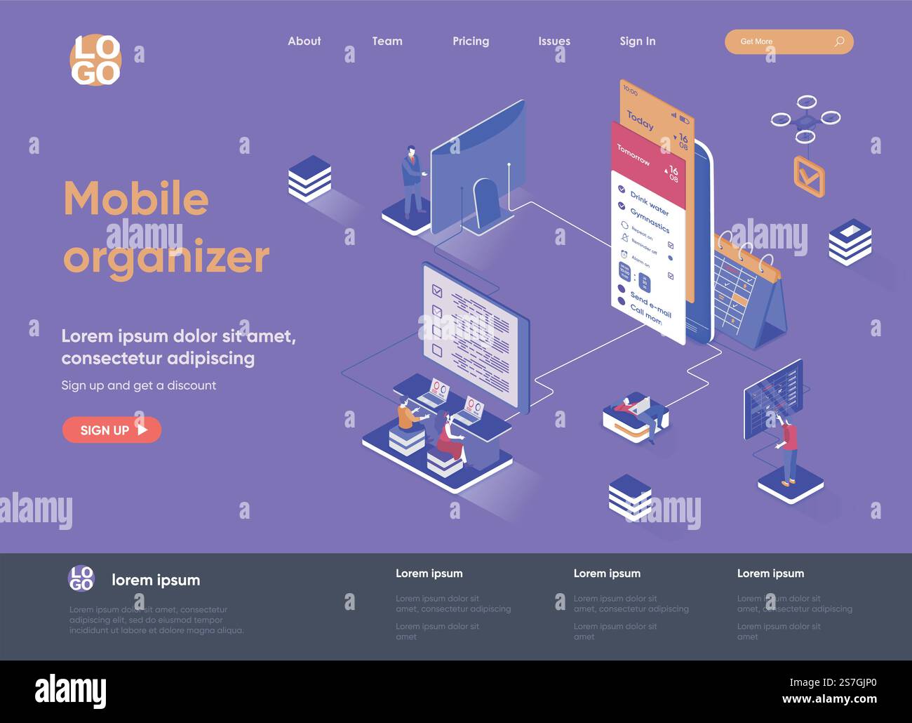 Mobile organizer isometric landing page. Mobile application for ...