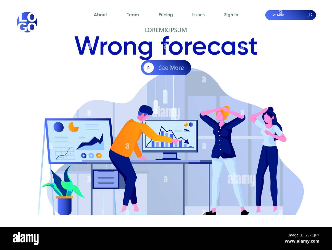 Wrong forecast landing page with header. Depressed and shocked people ...