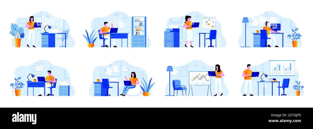 Office management scenes bundle with people characters. Businesspersons ...