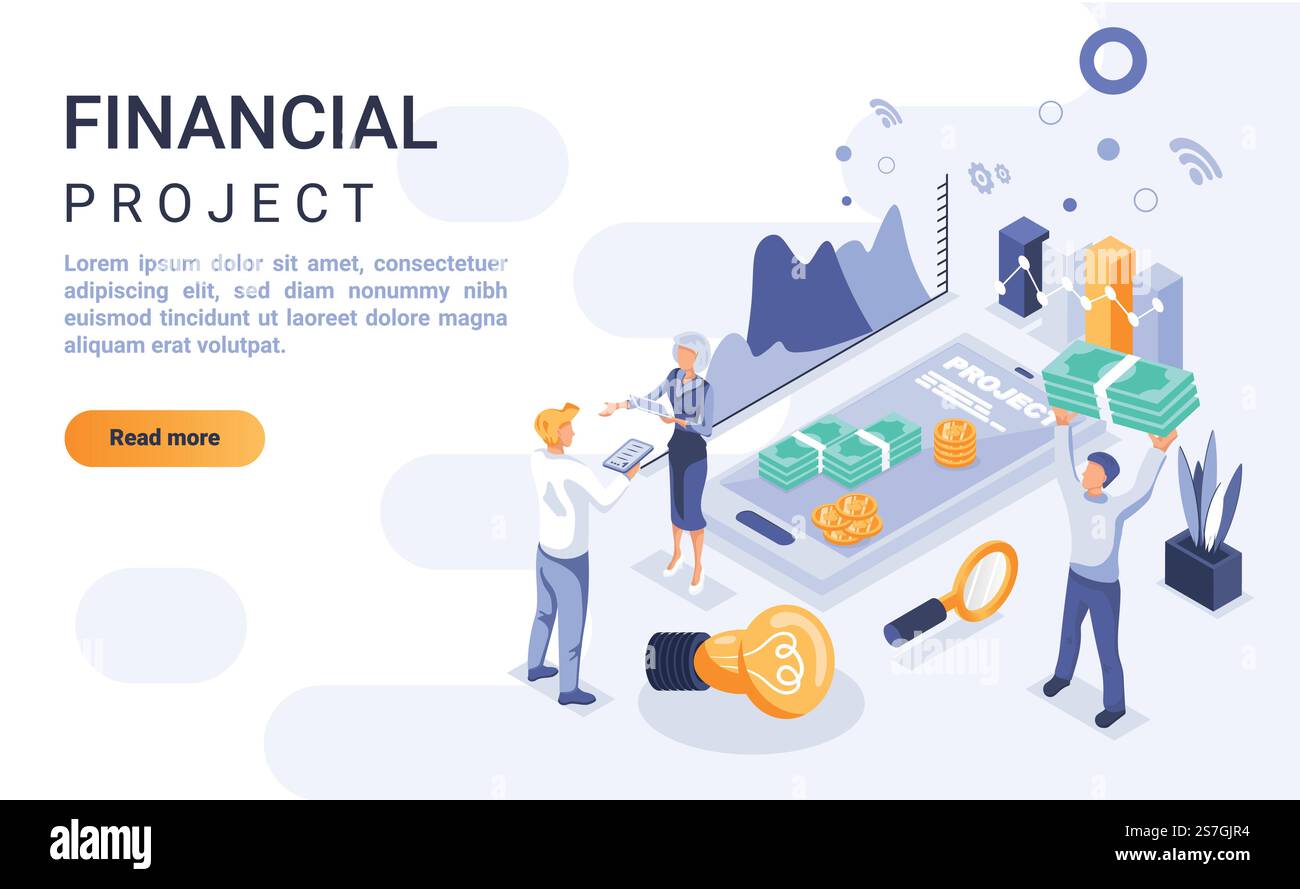 Financial project landing page vector template with isometric ...