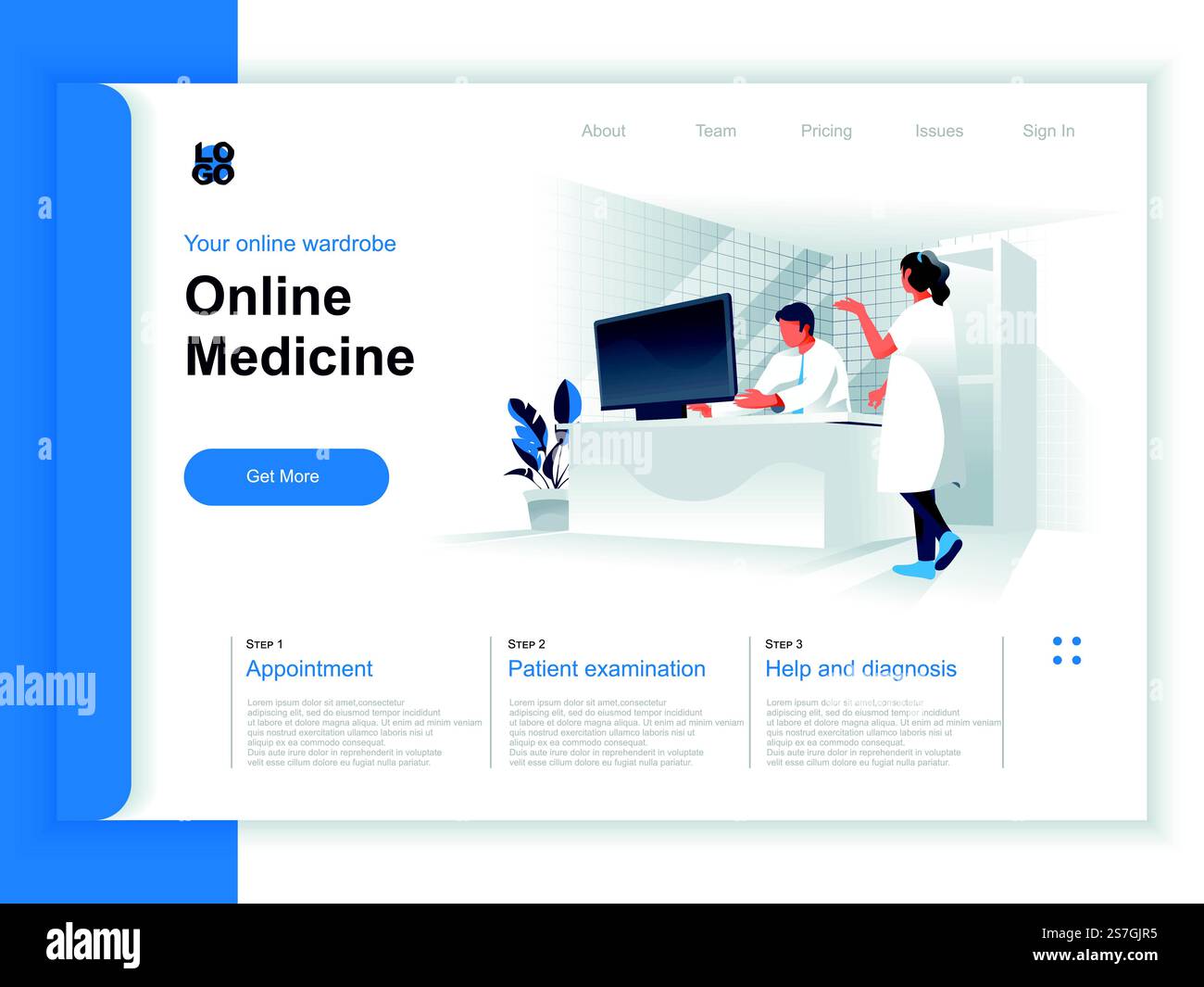 Online medicine isometric landing page. Doctor working with computer in ...