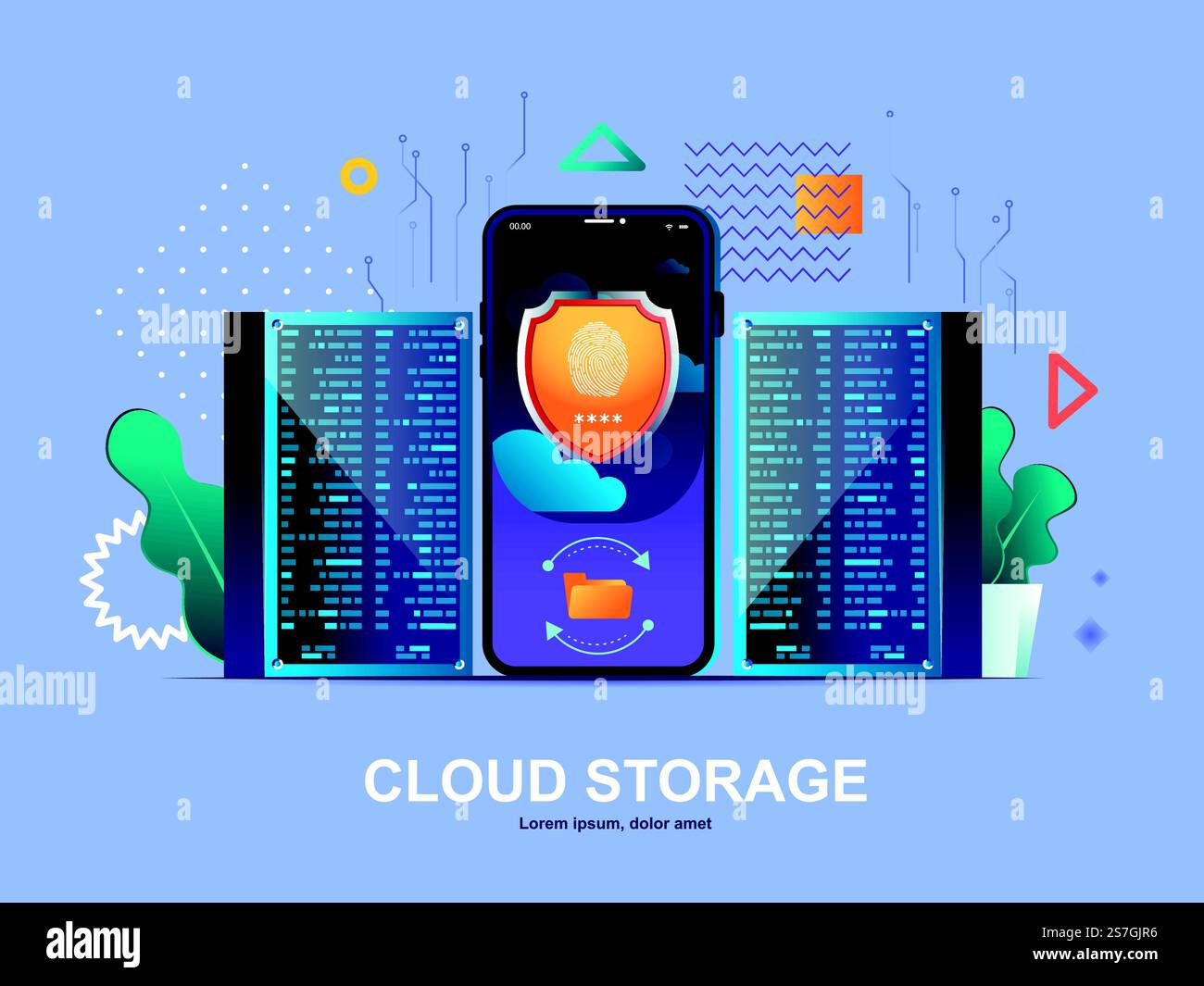 Cloud storage flat concept with gradients. Data backup mobile app, information security and ...