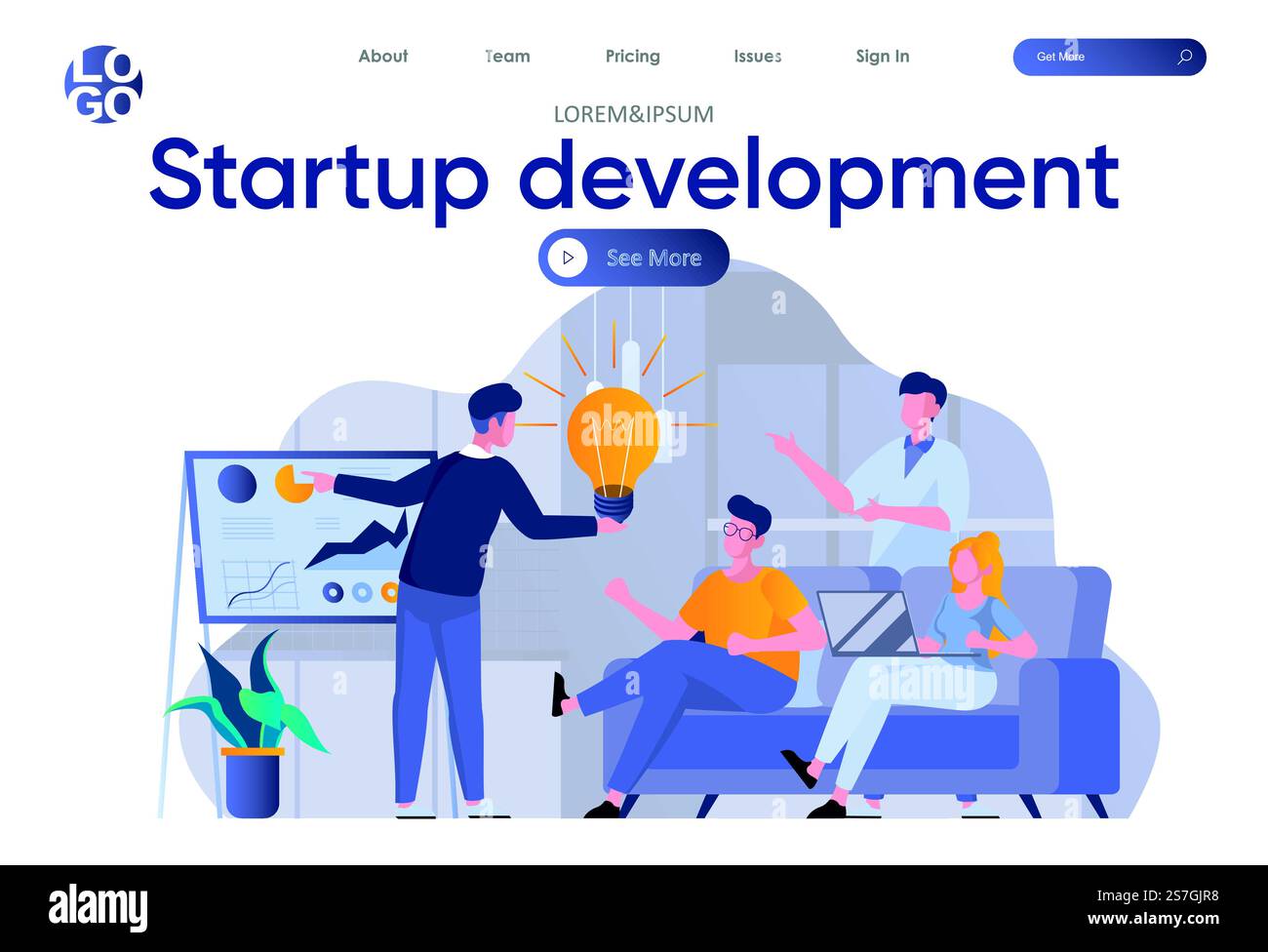 Startup development landing page with header. Startup founders planning ...