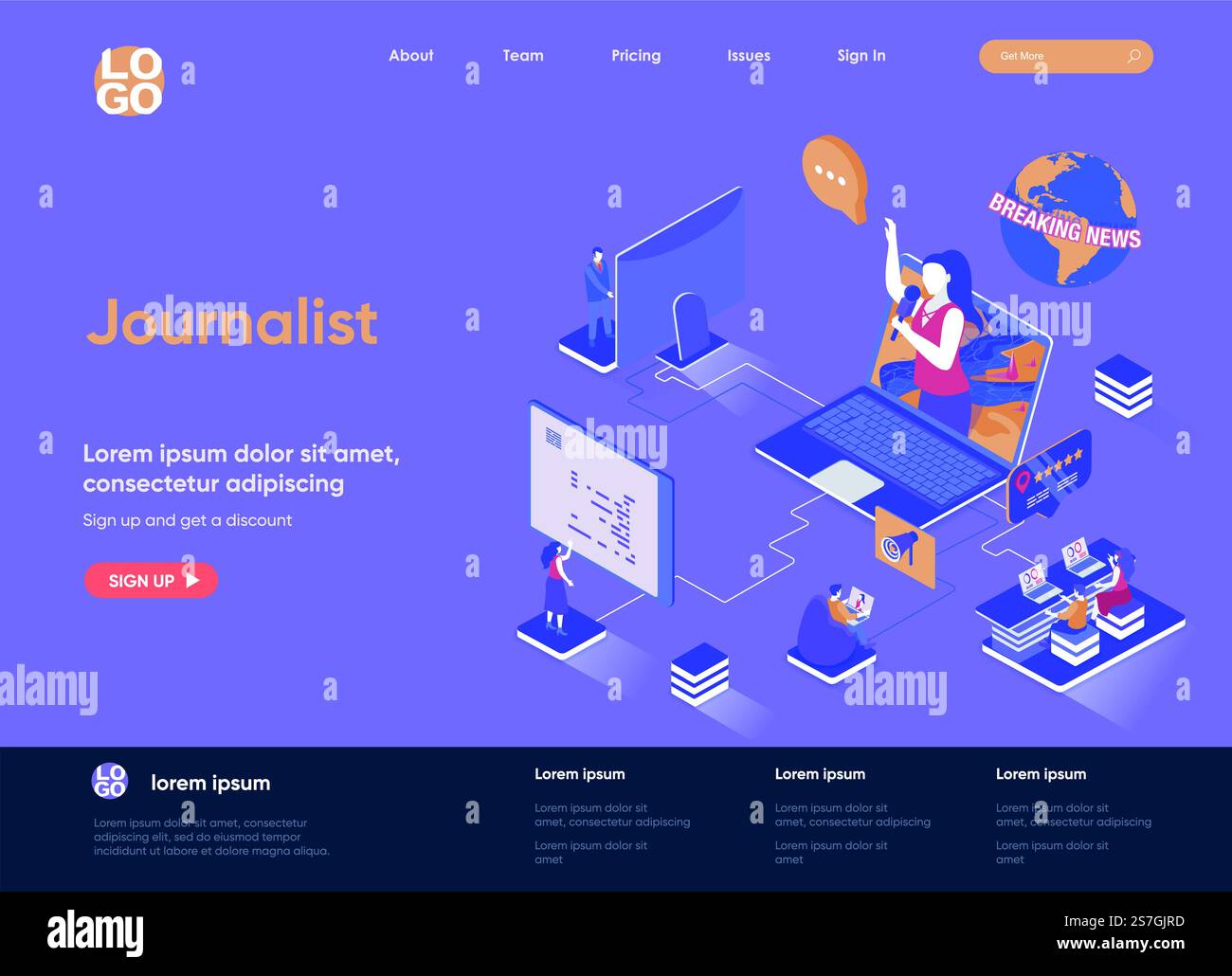 Journalist isometric landing page breaking news reportage hi-res stock ...
