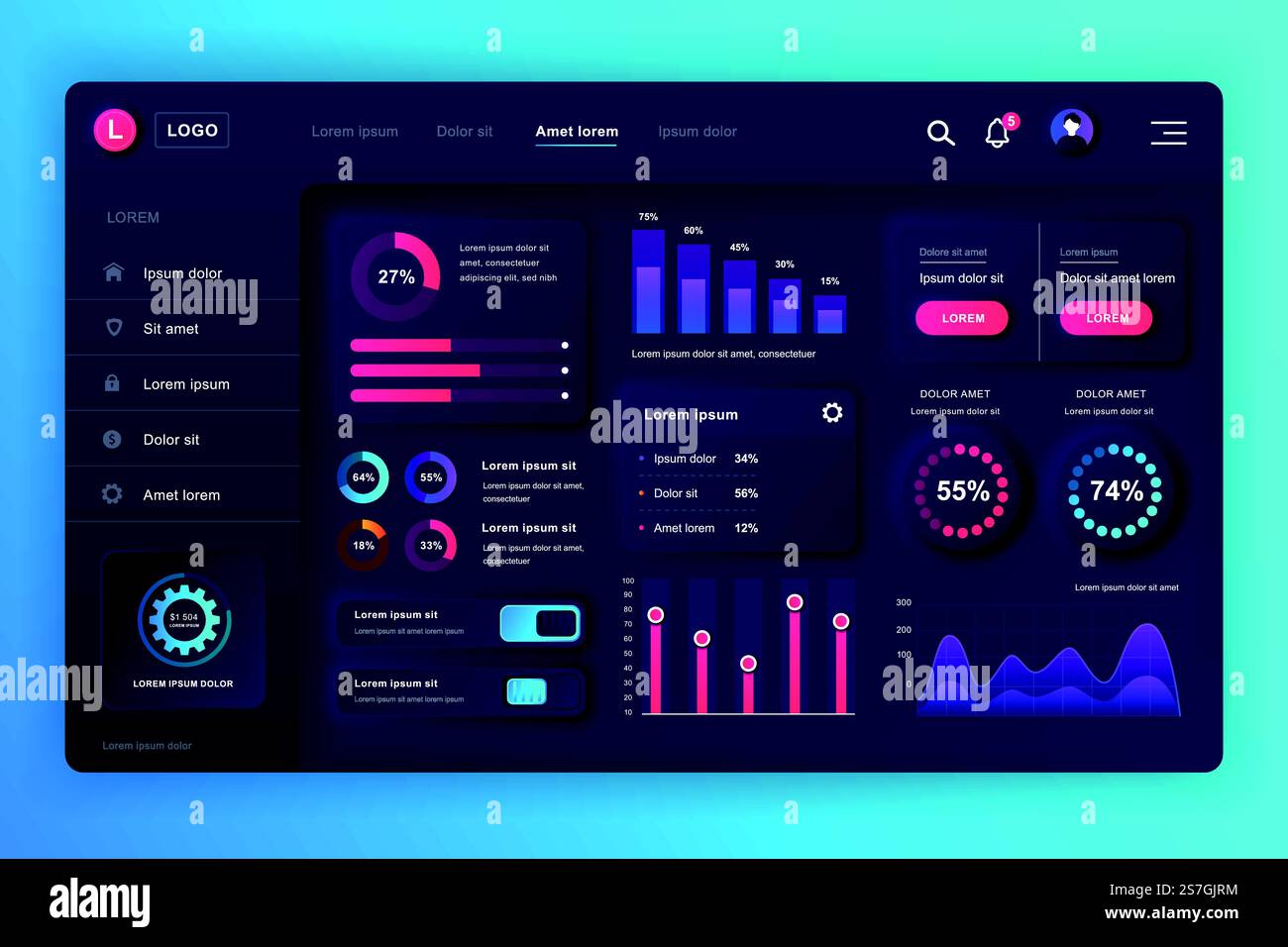 Neumorphic dashboard UI kit. Admin panel vector design template with ...