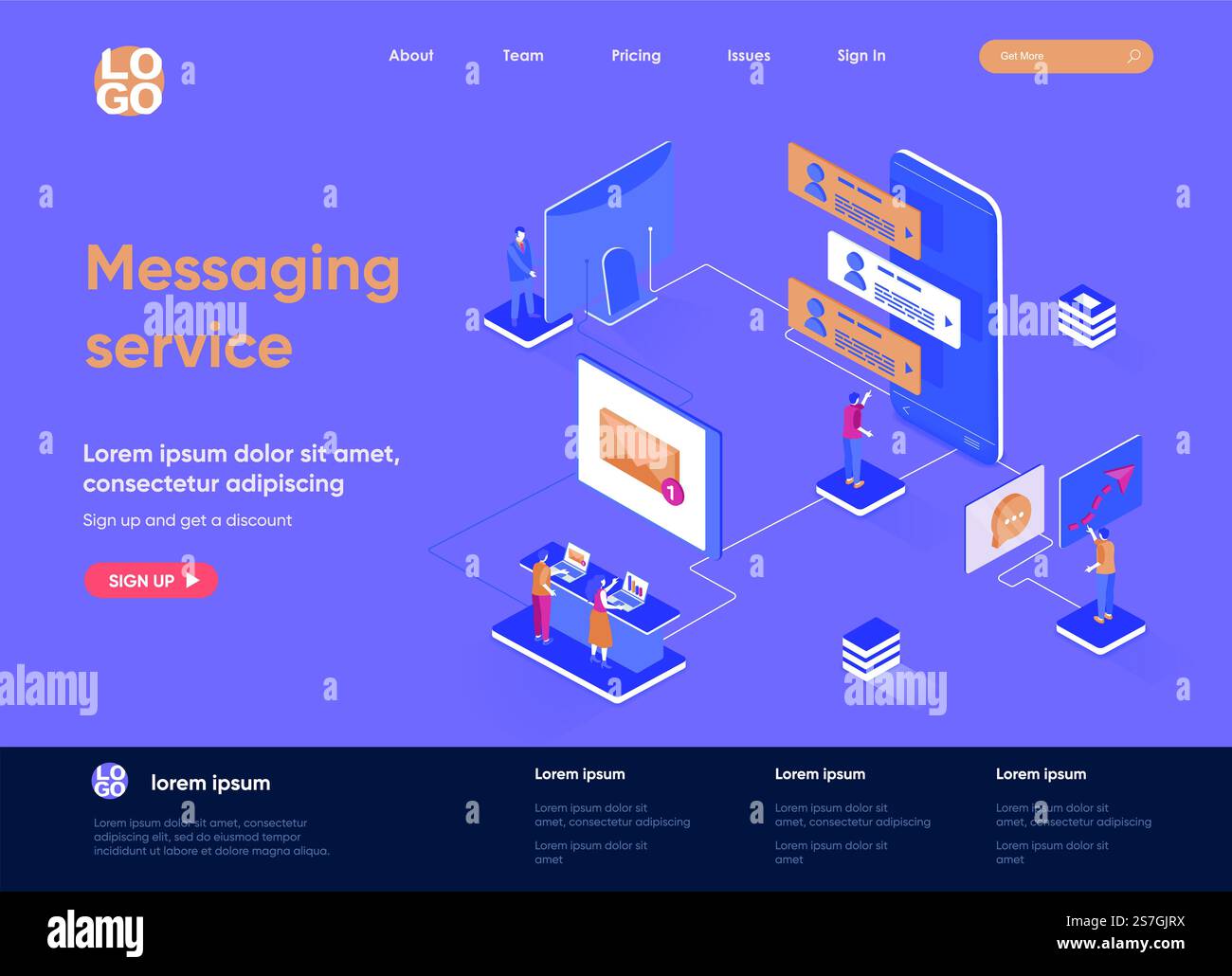 Messaging service isometric landing page. Internet messenger mobile ...