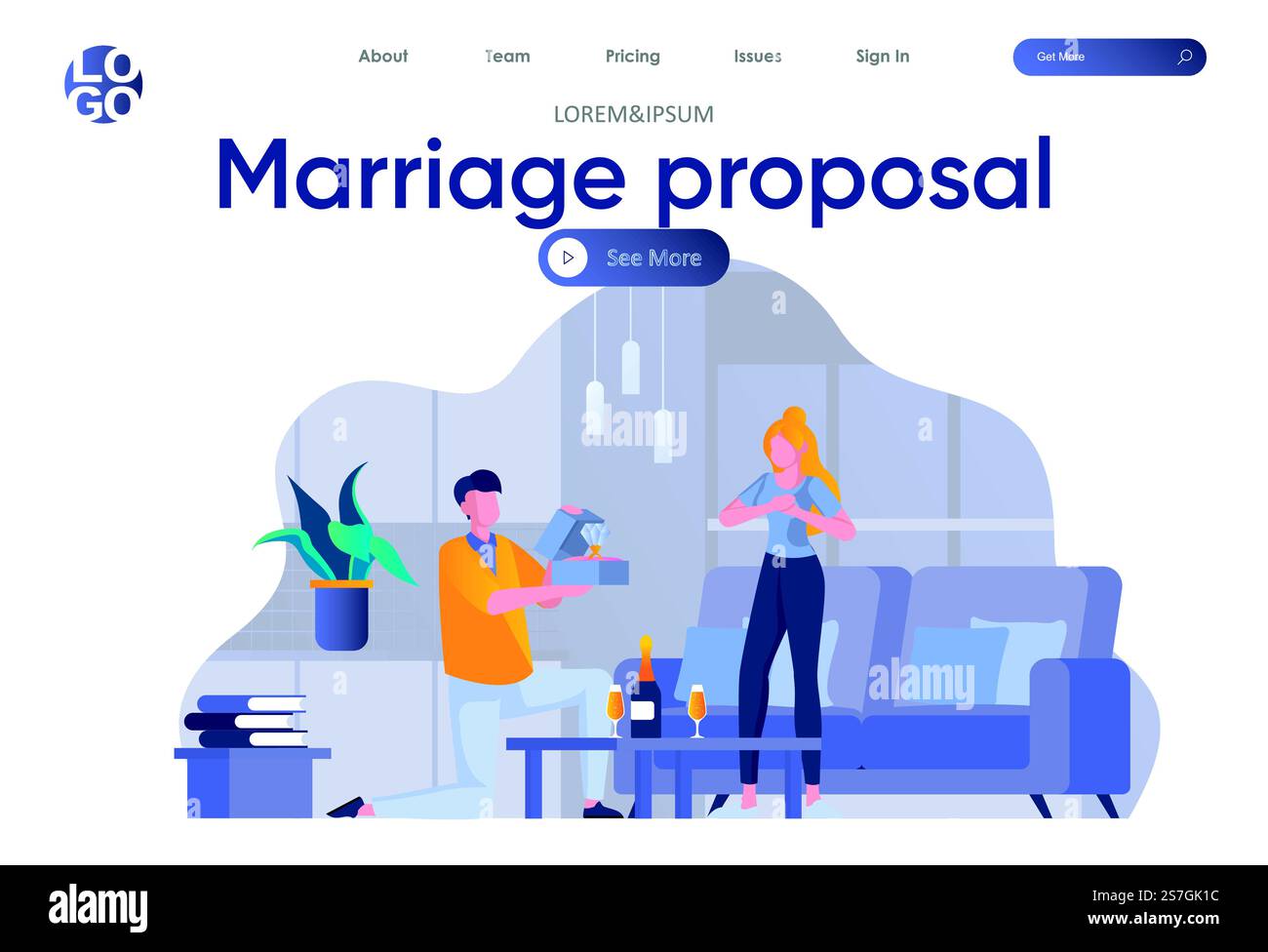 Marriage proposal landing page with header. Man standing on one knee ...