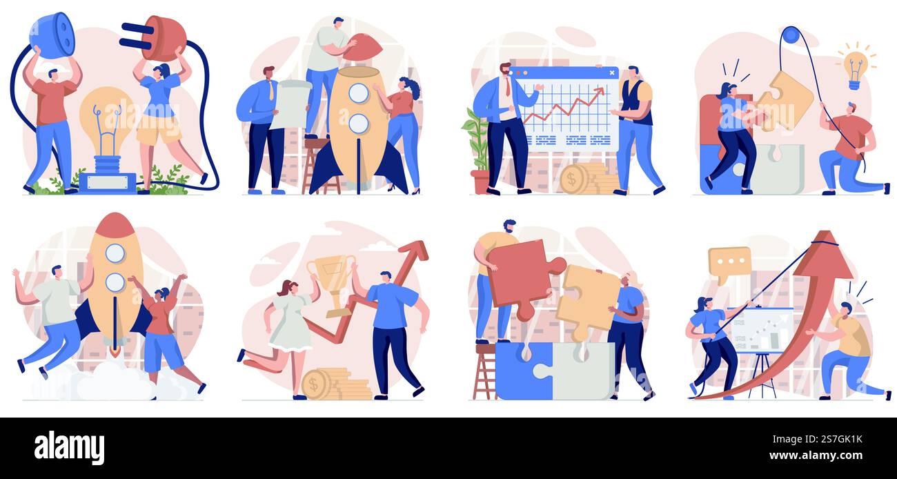 Teamwork collection of scenes isolated. People generate idea ...