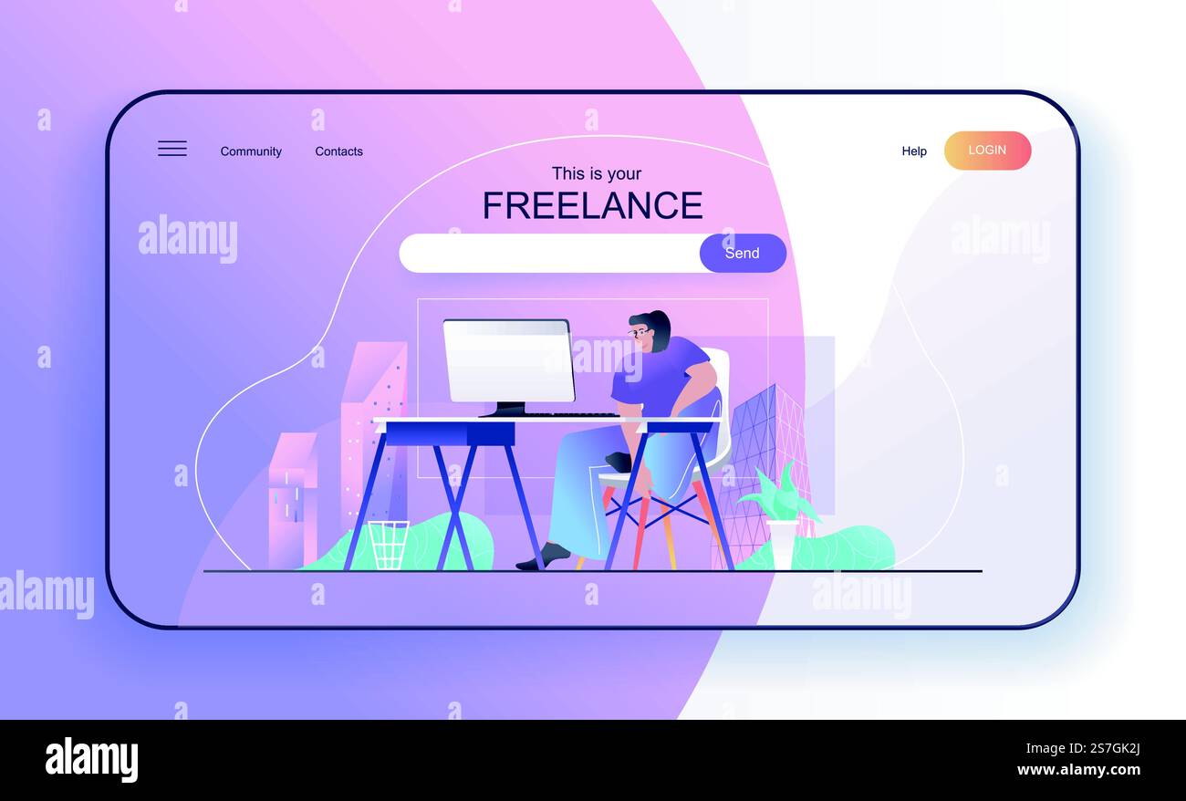 This is your Freelance concept for landing page. Freelancer works at computer sitting in home ...