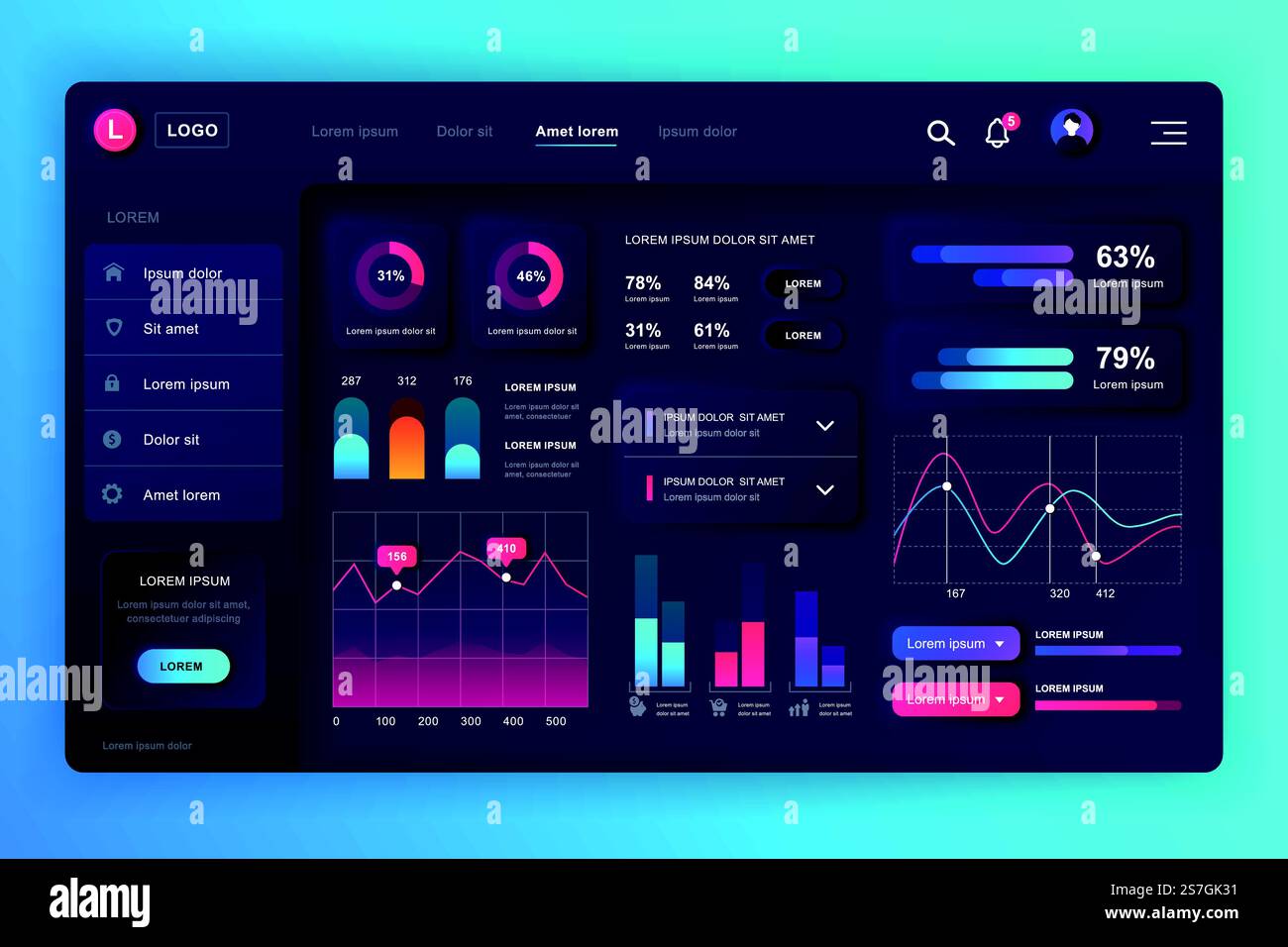 Neumorphic dashboard UI kit. Admin panel vector design template with ...