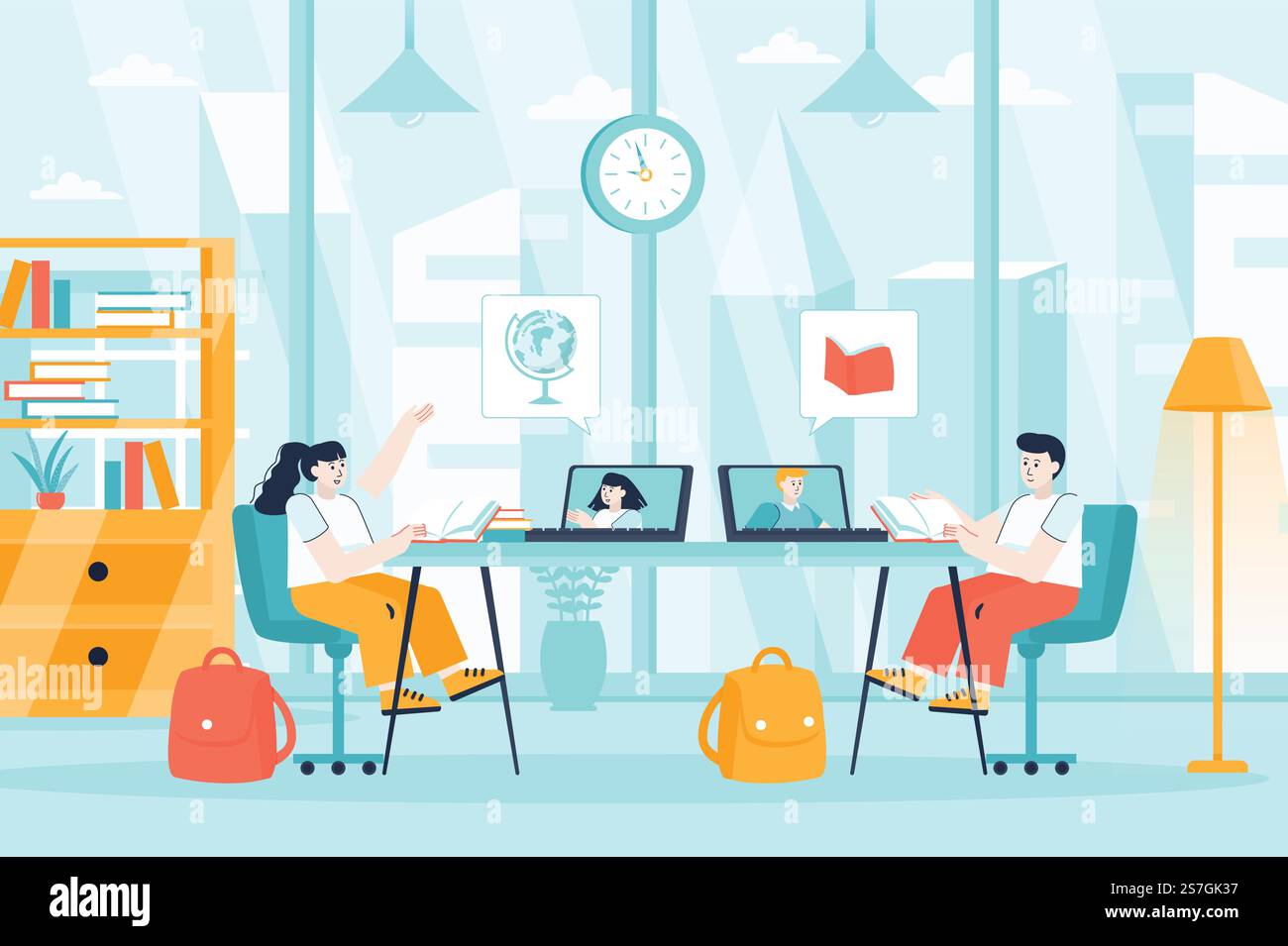 Distance learning concept in flat design. Children studying online from ...