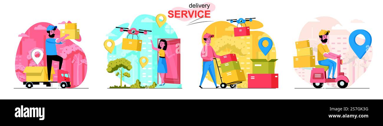 Delivery service concept scenes set. Courier delivers parcel, drone ...
