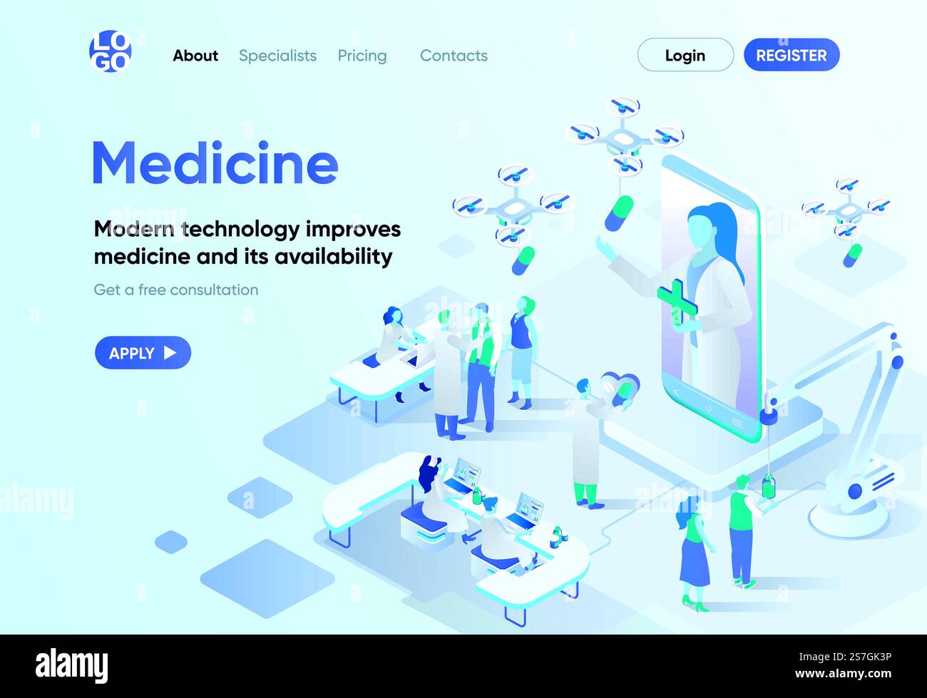 Modern medicine isometric landing page. Digital technologies in medical ...