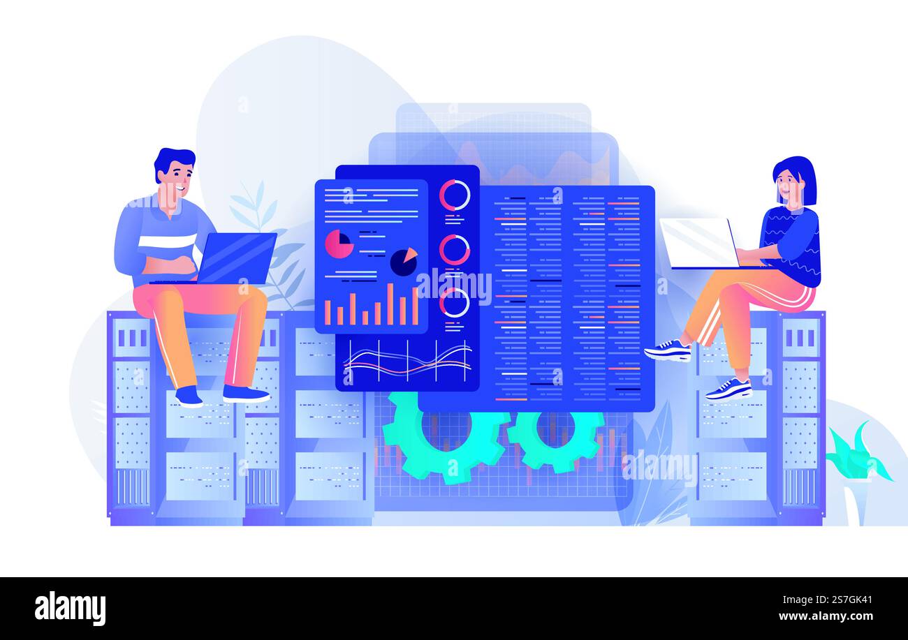 Data center technology concept in flat design. Server racks room of ...