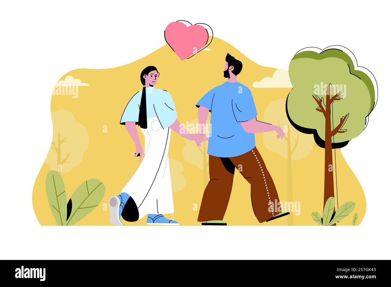 Love couple concept. Happy loving couple walking in park and holding ...