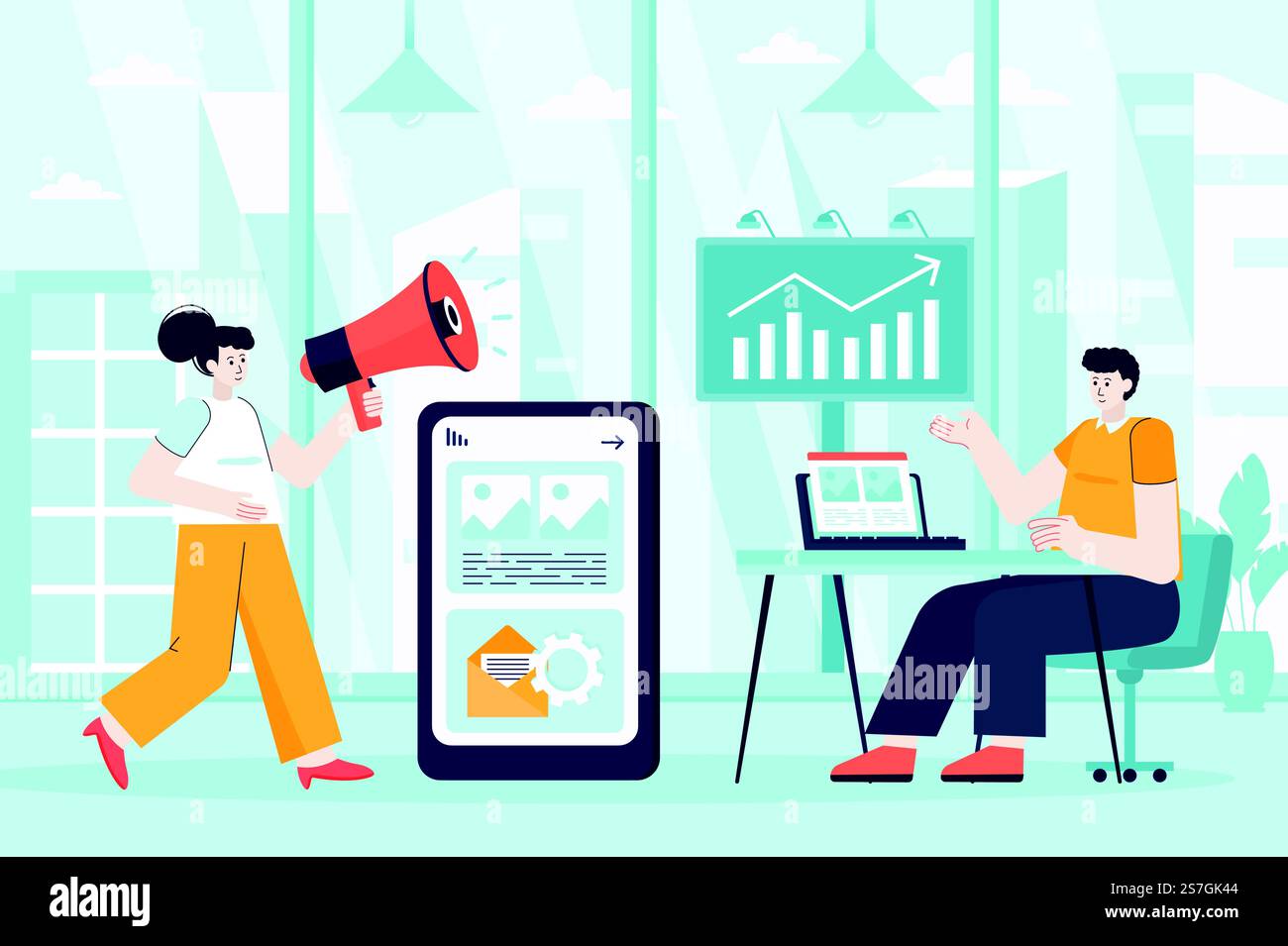 Outbound marketing concept in flat design. Colleagues work in office ...