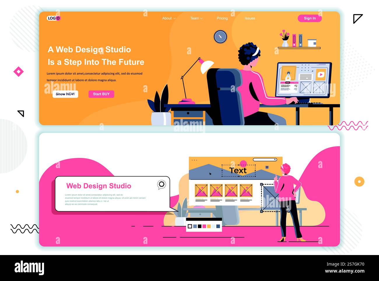 Design studio landing pages set ui ux design hi-res stock photography ...