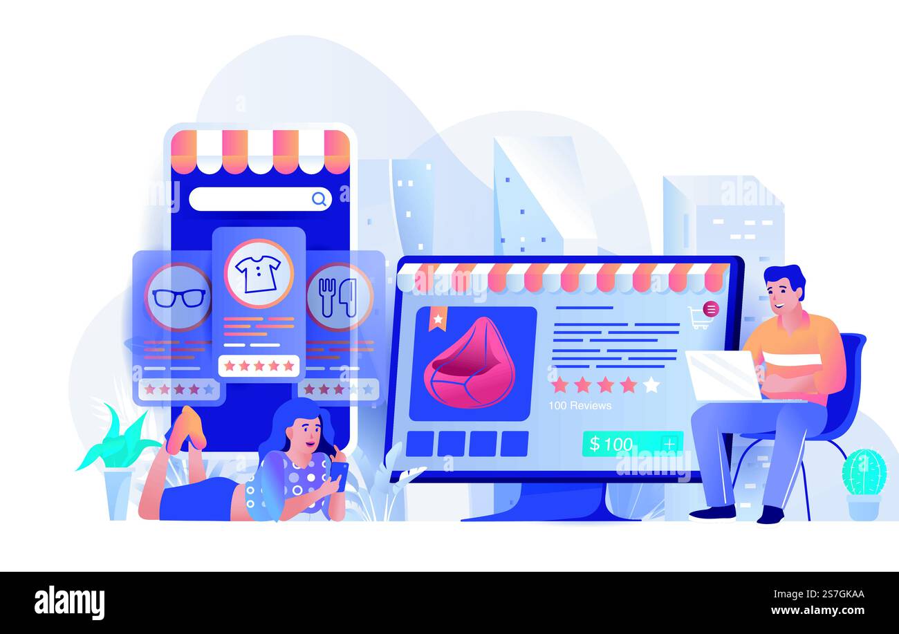 E-commerce concept in flat design. Online shopping and payment scene ...