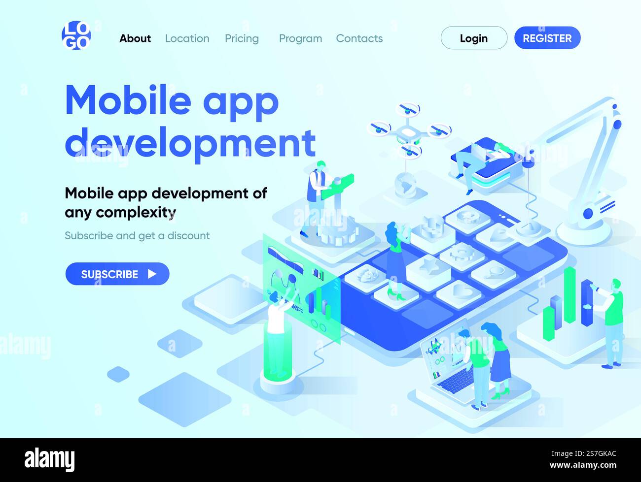 Mobile app development isometric landing page. UI UX responsive design, front end and back end ...