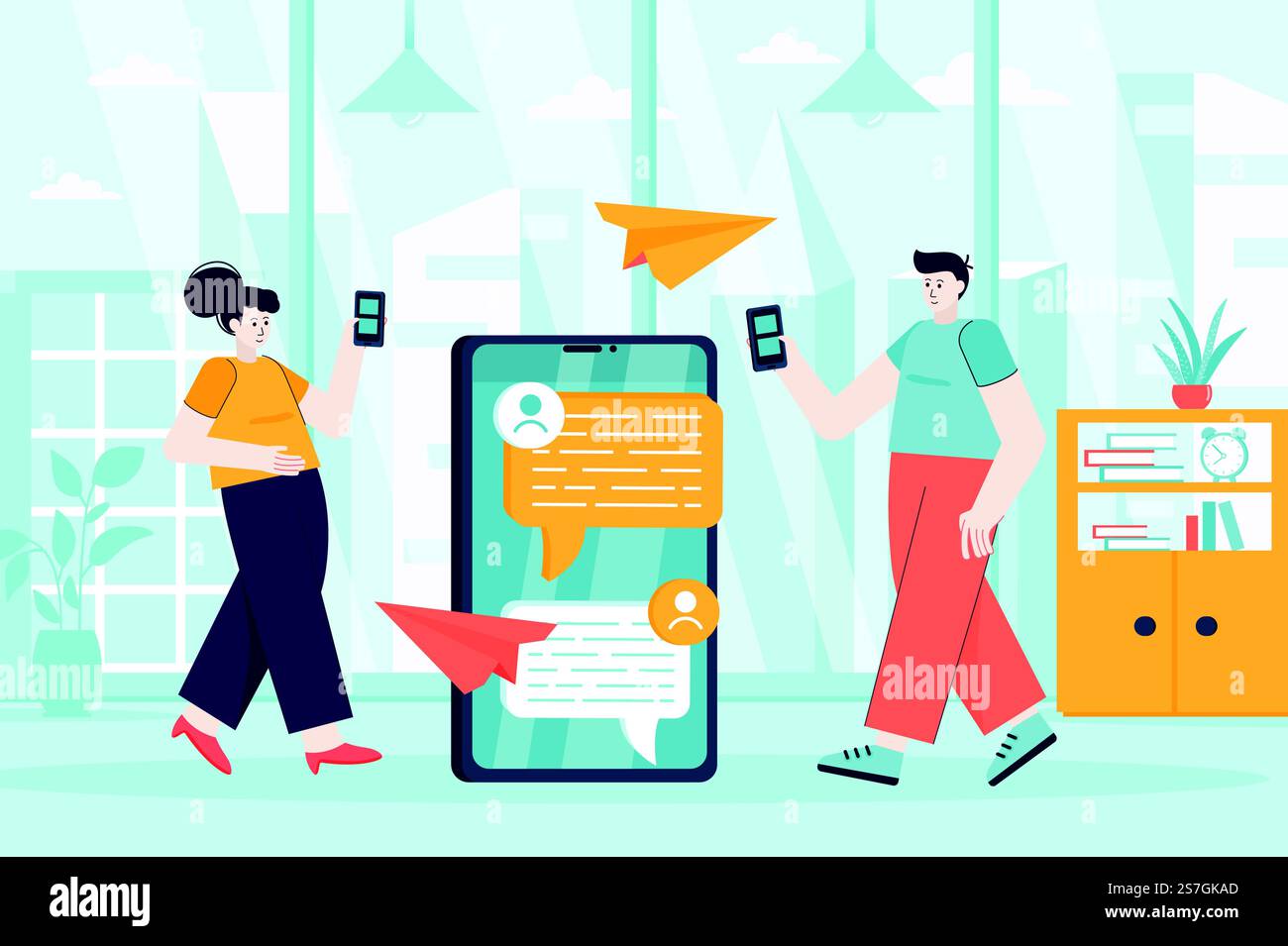 Messaging service concept in flat design. Man and woman communicate in ...