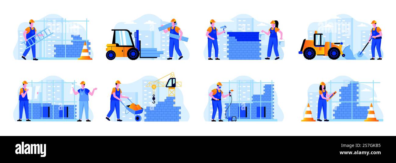 Construction site scenes bundle with people characters. Welder, painter ...