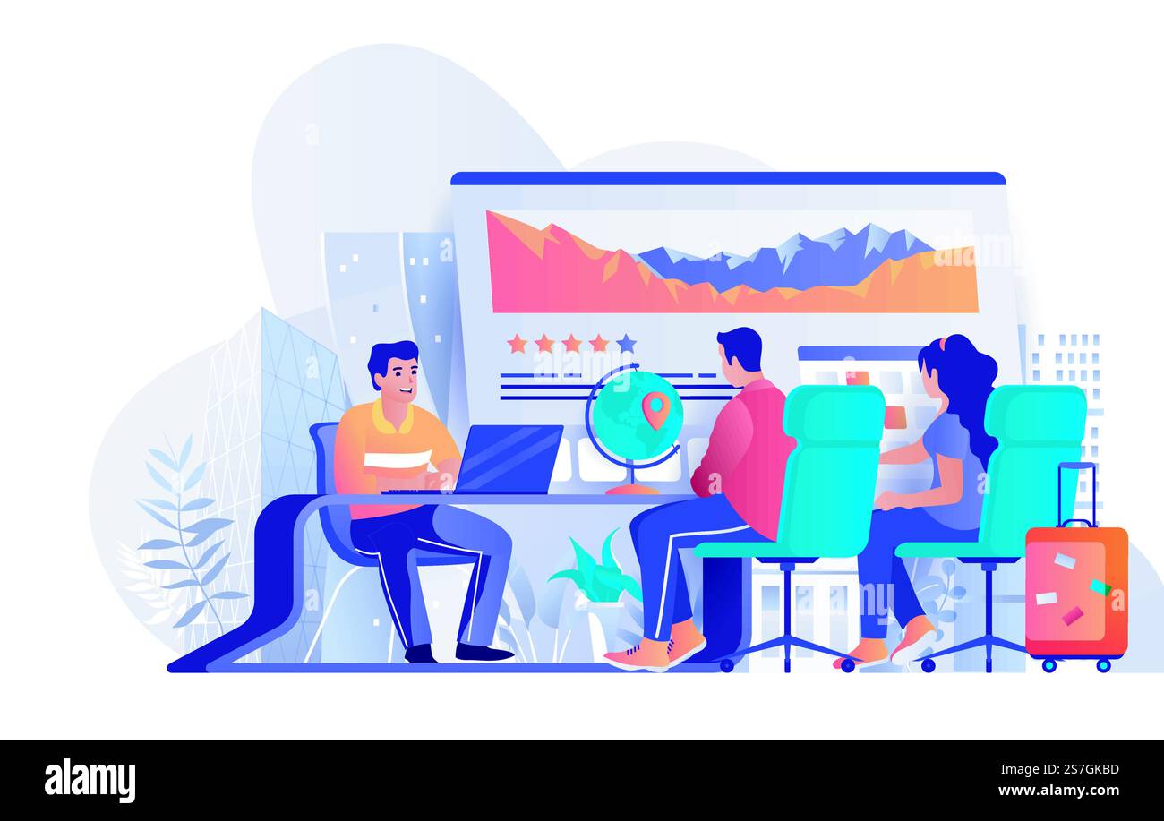 Travel agency concept in flat design. Operator helps clients choose ...