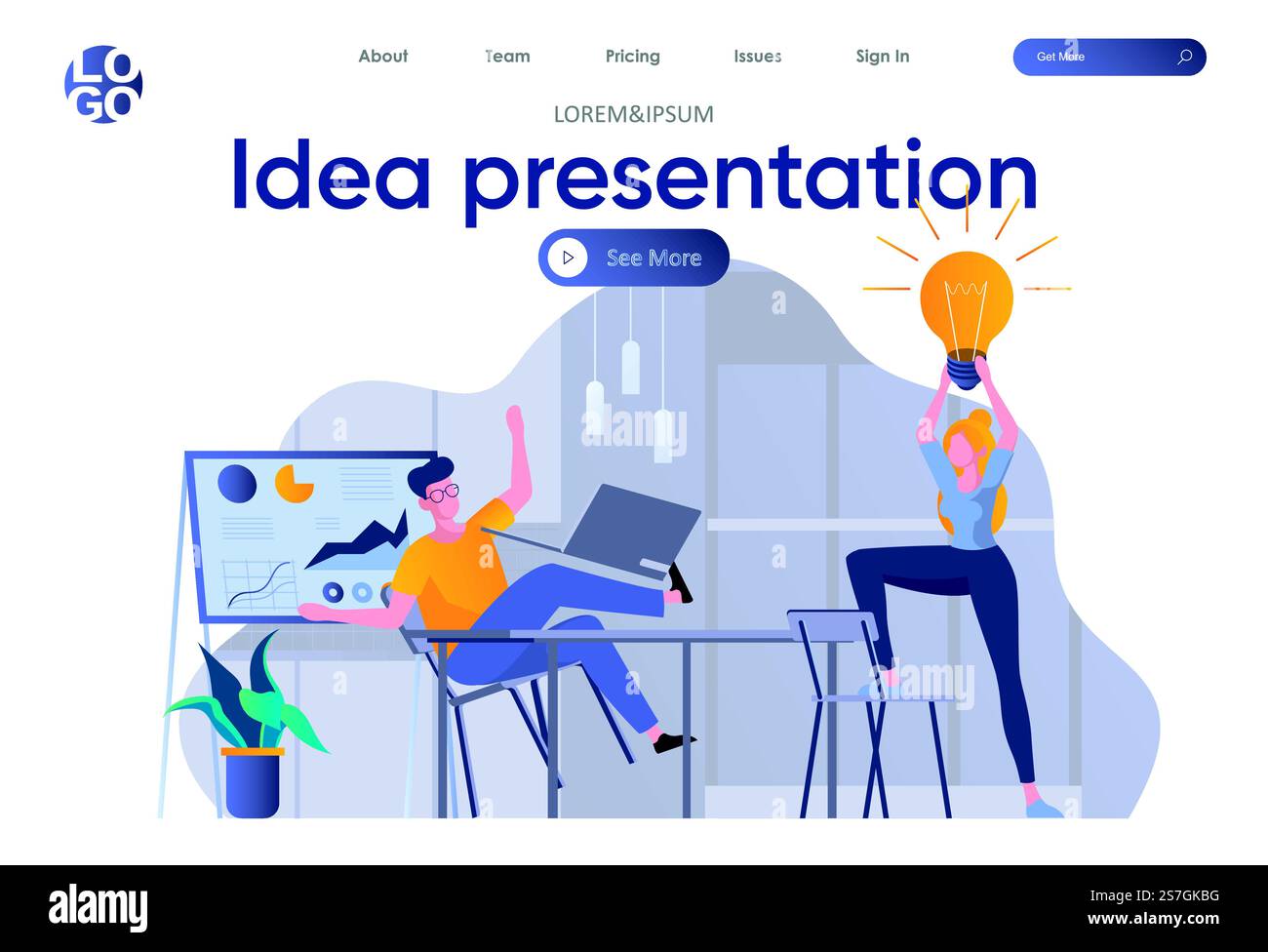 Idea presentation landing page with header. Startup founders discussing ...