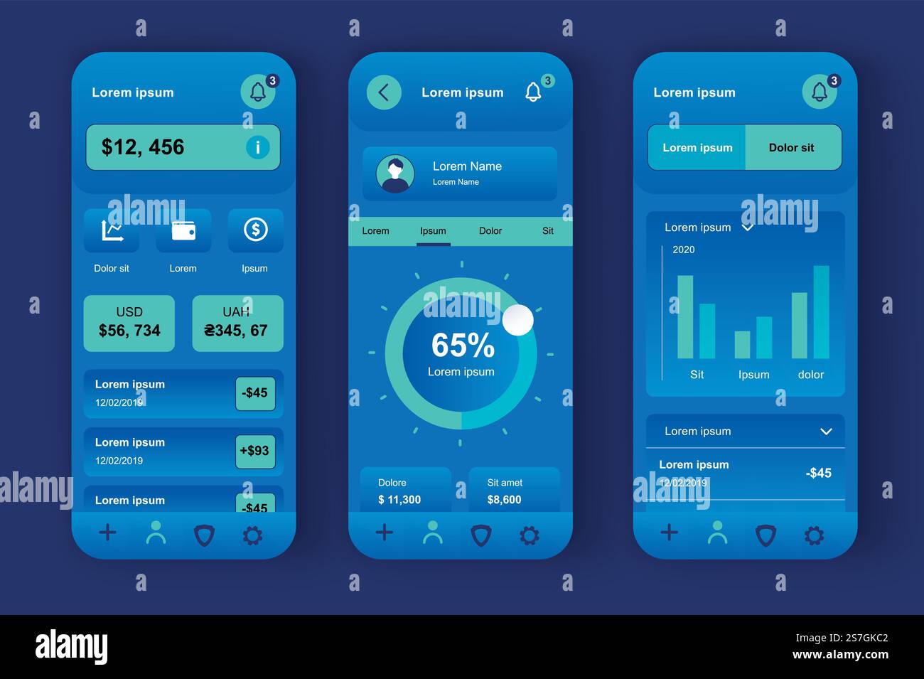 Finance services unique neomorphic design kit for mobile app. Credit ...