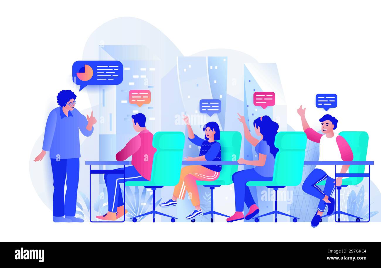 Focus group concept in flat design. Marketing research of target audience scene template ...