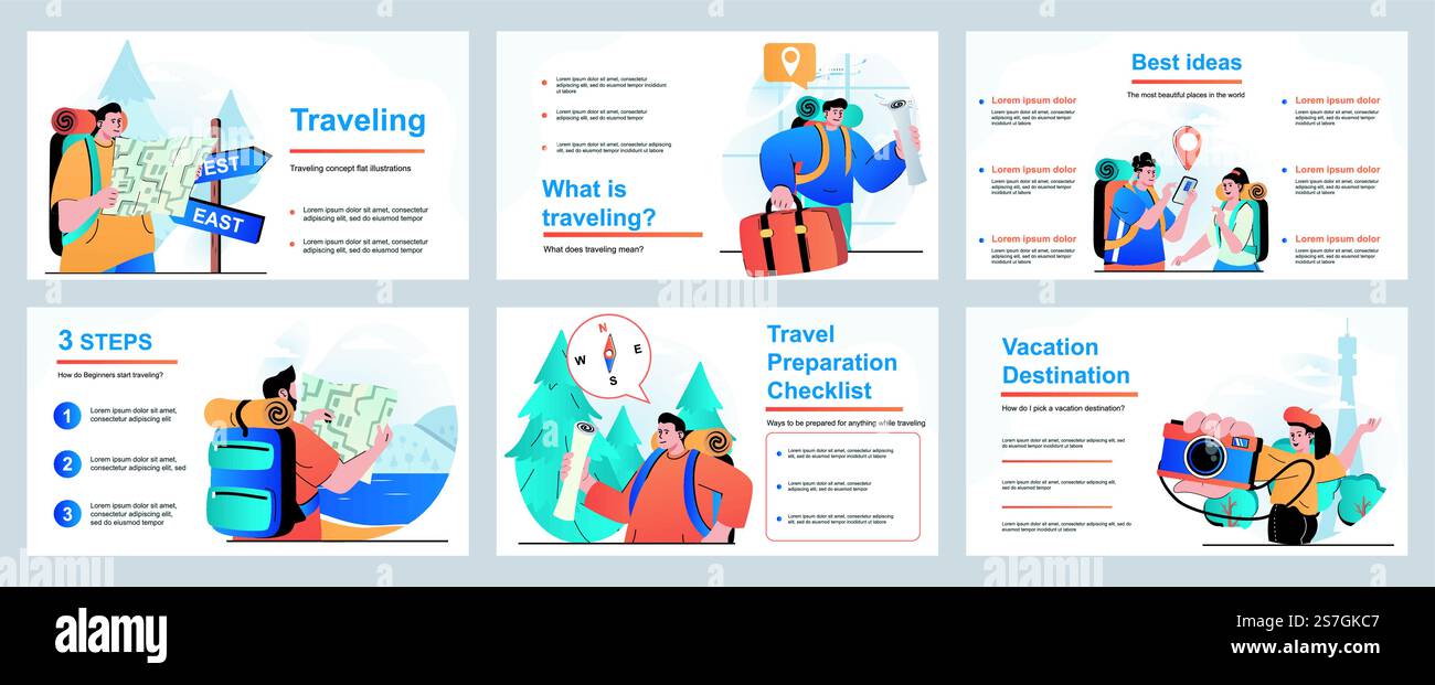 Traveling concept for presentation slide template. People with ...