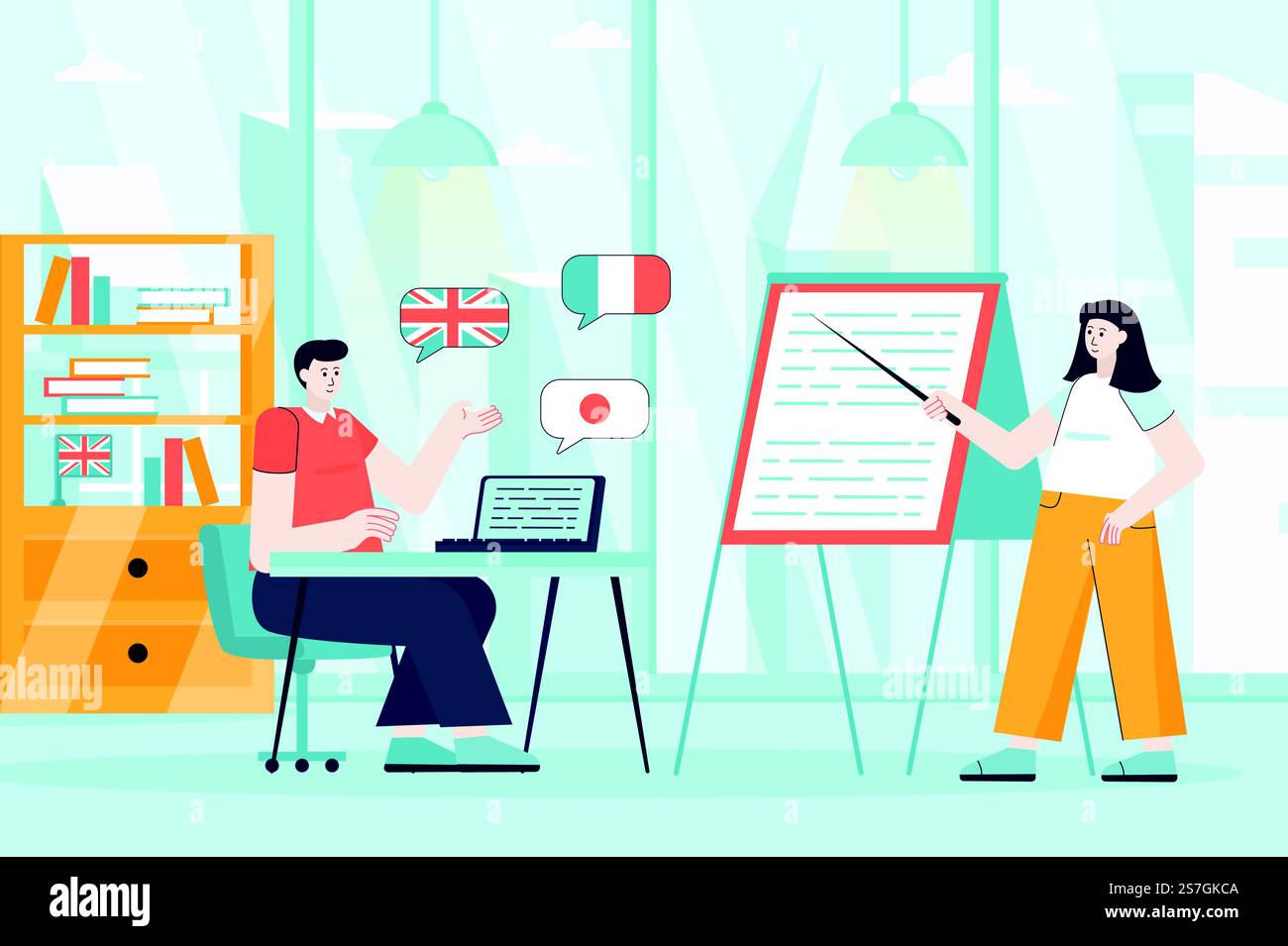 Language courses concept in flat design. Student in lesson at classroom ...