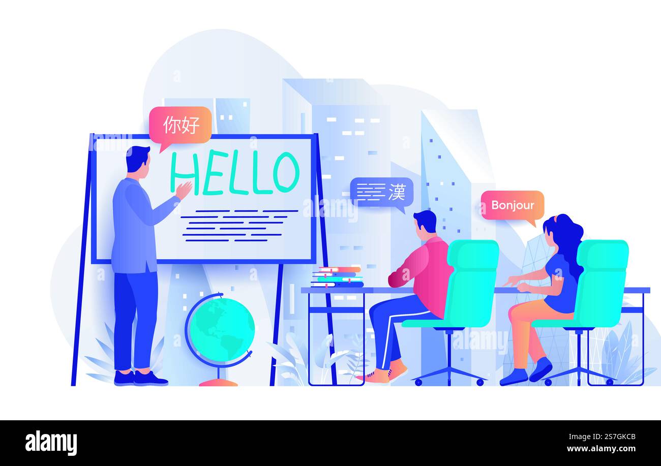 Language courses concept in flat design. Students learn foreign ...