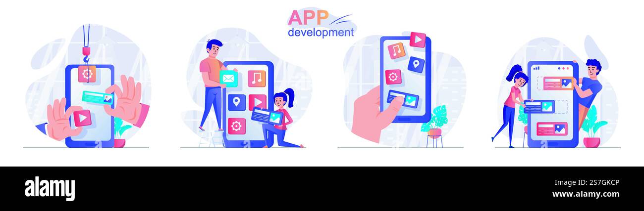 App development concept scenes set. Developers create mobile application, arrange interface ...