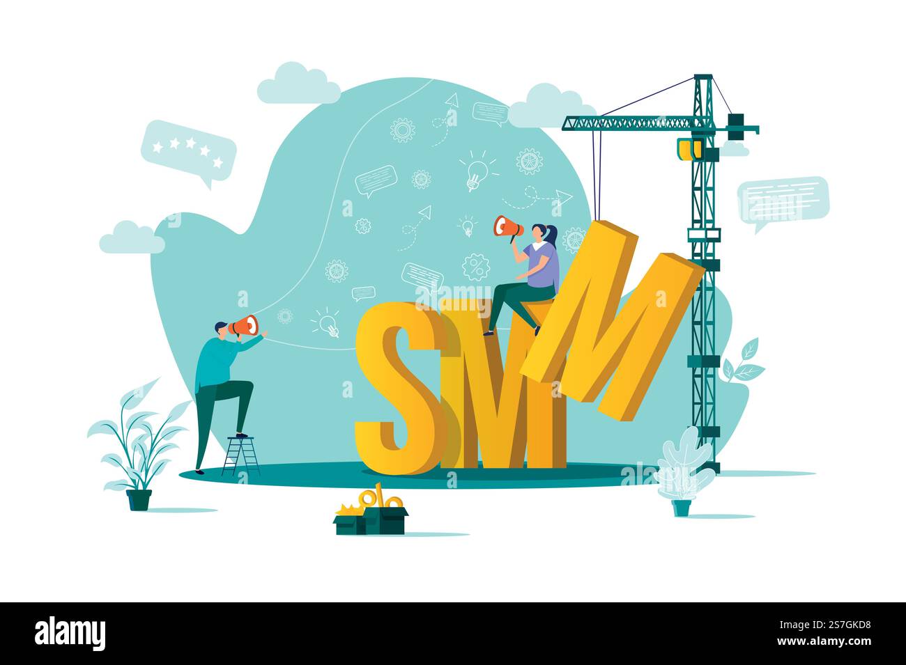 SMM concept in flat style. Marketer announce in megaphone scene. Digital marketing campaign ...