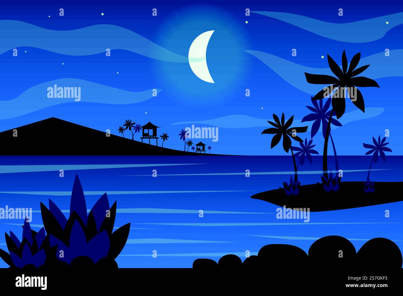 Moon over tropical islands landscape background in flat style ...