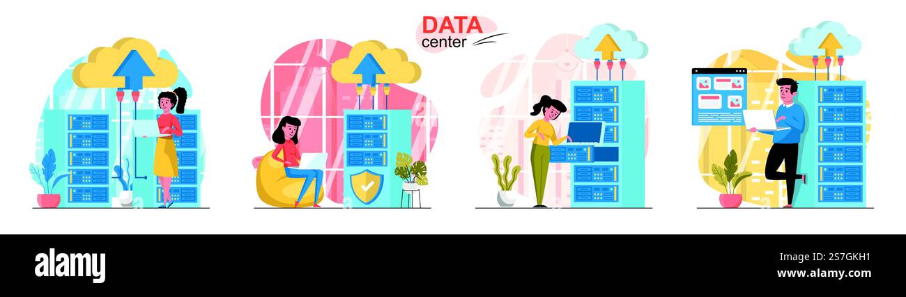 Data Center Concept Scenes Set Technicians Work At Server Racks Room Storage Analysis And