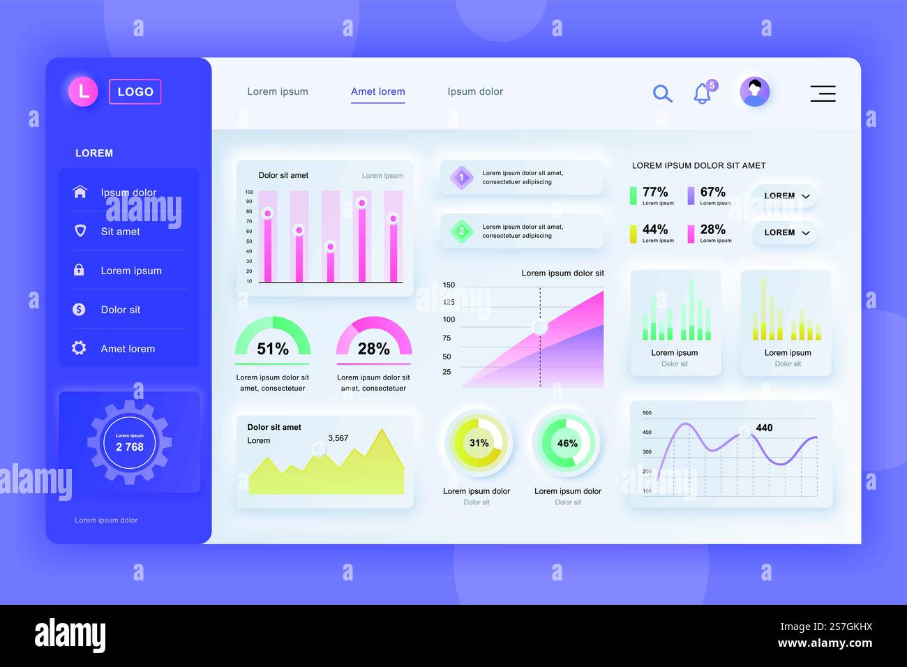Neumorphic dashboard UI kit. Admin panel vector design template with ...