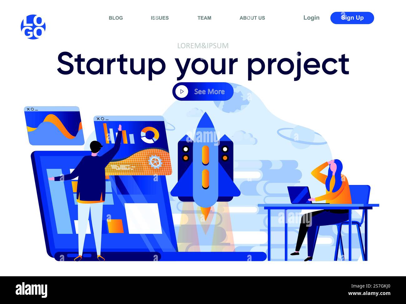 Startup your project flat landing page. Team of startup founders ...