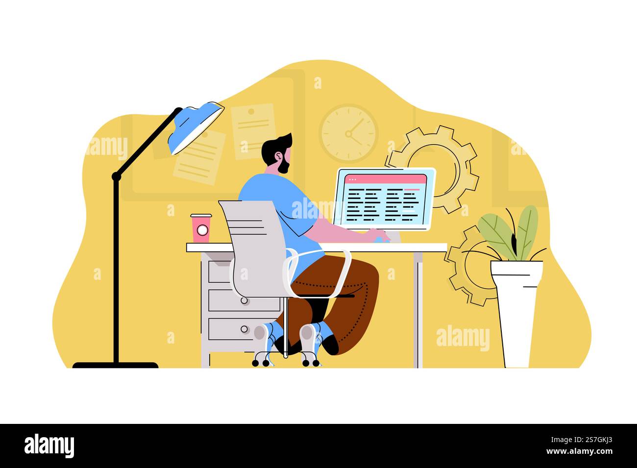 Work optimization concept. Man creates schedule, planning processes and ...